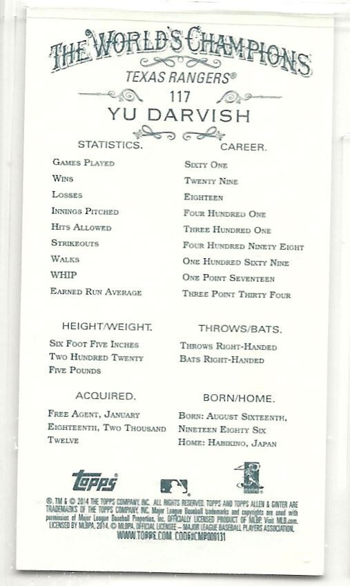 2014 Allen & Ginter Mini Yu Darvish 117 | eBay