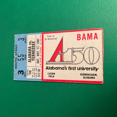 1981 Alabama Vs Tennessee Football Ticket Stub / 3rd Sat Oct / ROLL ...