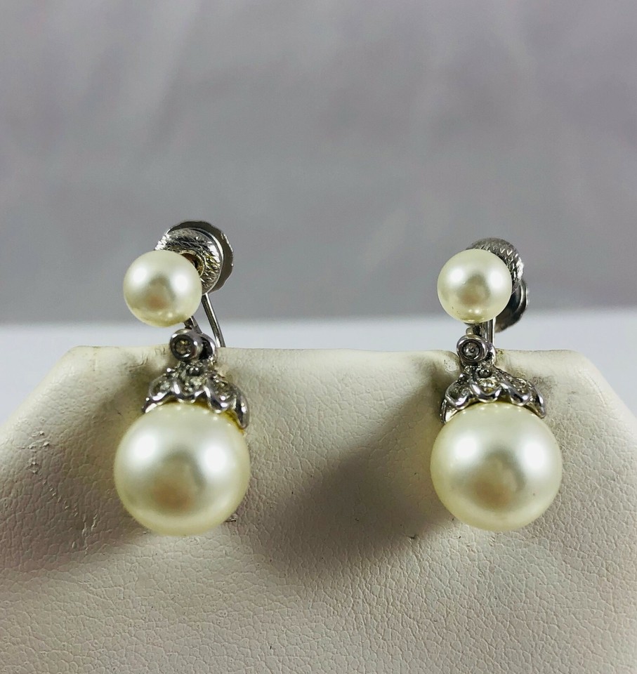 Vintage Marvella Silver Rhinestones & Pearl Clam Shell Elegant Drop ...
