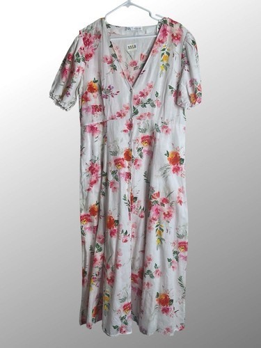 Zara Vibrant Ecru Floral Midi Shirt Dress Bloomcore Resortwear Women ...