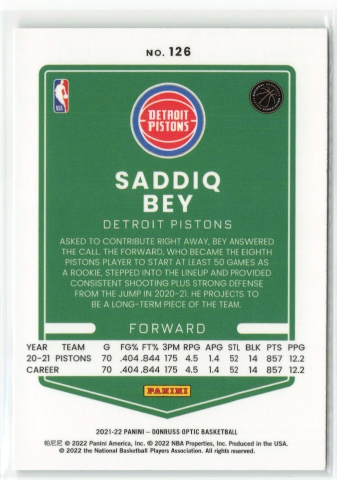 2021-22 Donruss Optic Saddiq Bey Detroit Pistons #126 | eBay UK