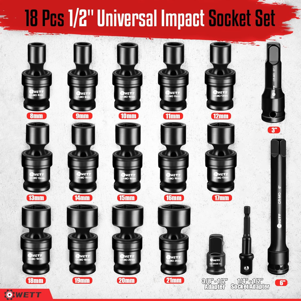 1/2" Drive Shallow Impact Universal Joint Socket Set, 18-Piece Swivel ...
