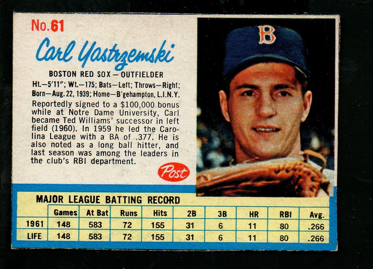 1962 Post Baseball Card #61 Carl Yaztrzemski-Boston Red Sox Ex Mint ...