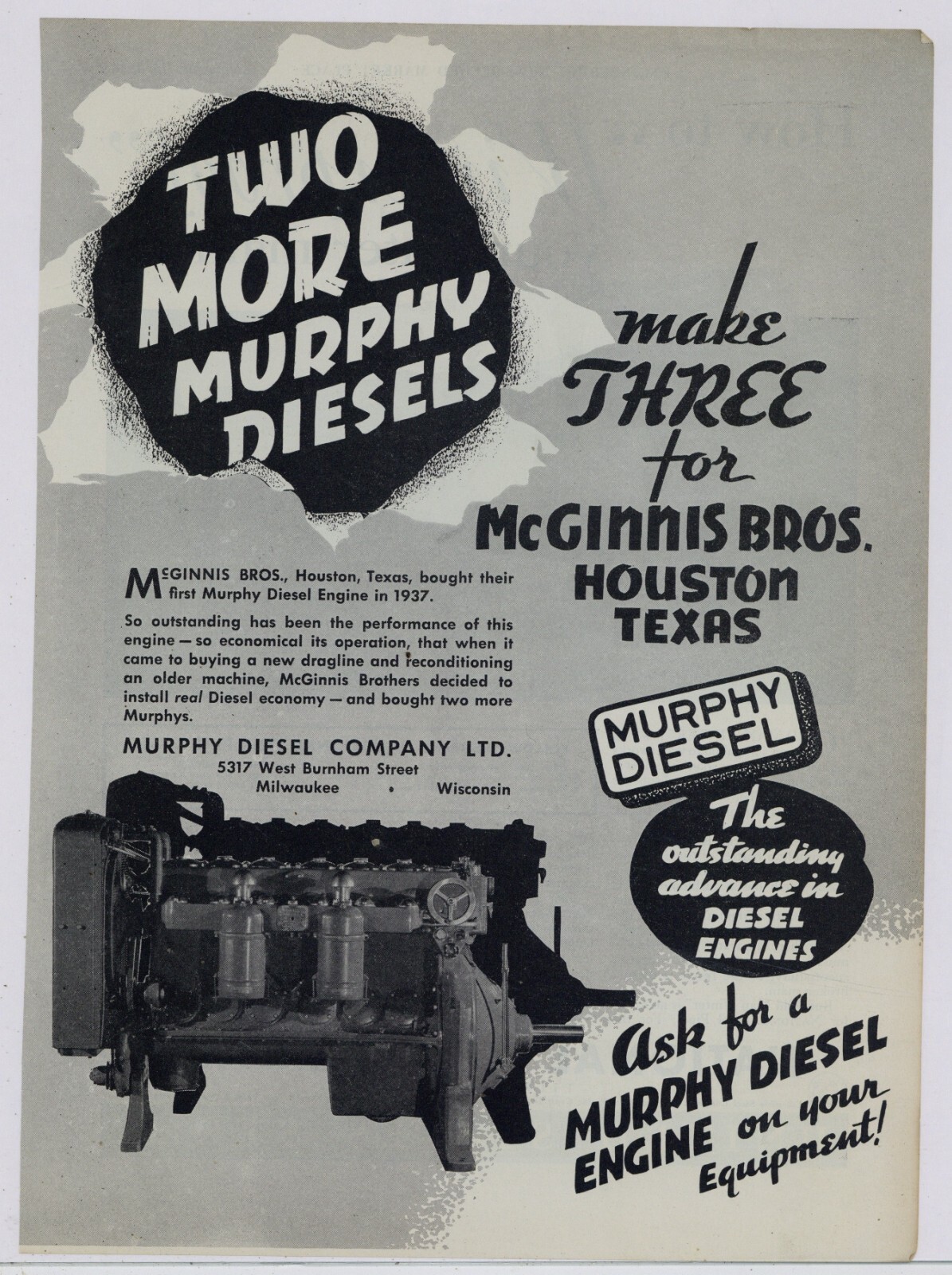 1938 Murphy Diesel Engine Ad: McGinnis Brothers of Houston, Texas ...