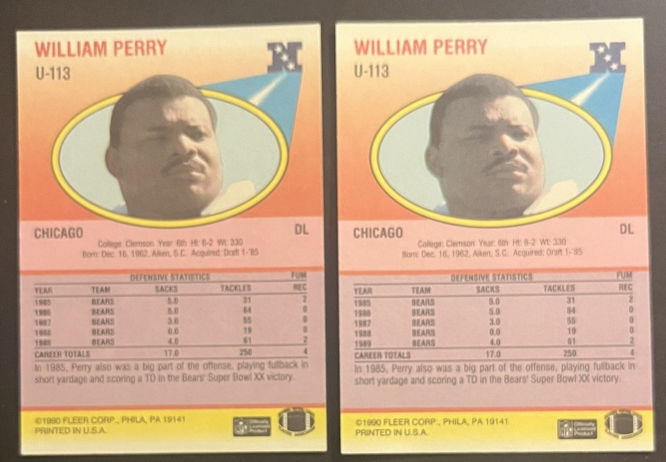 (2) 1990 FLEER UPDATE WILLIAM REFRIGERATOR PERRY #U-113 CHICAGO BEARS ...