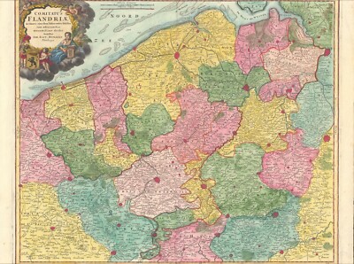 1735 Flanders Belgium antique map by Homann ~ 25" x 20" beautiful full ...