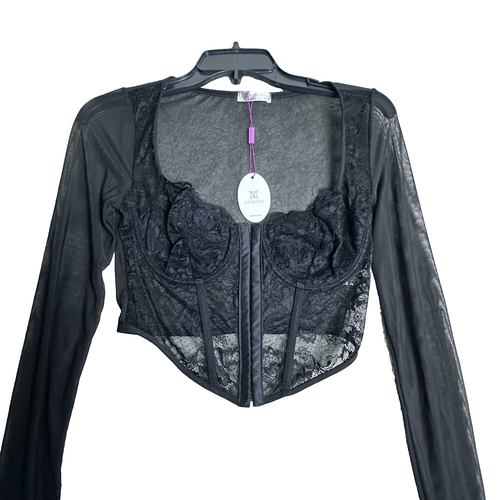 Womens Black Lace Bustier Corset Top Mesh Sheer Gothic Clubwear Long ...
