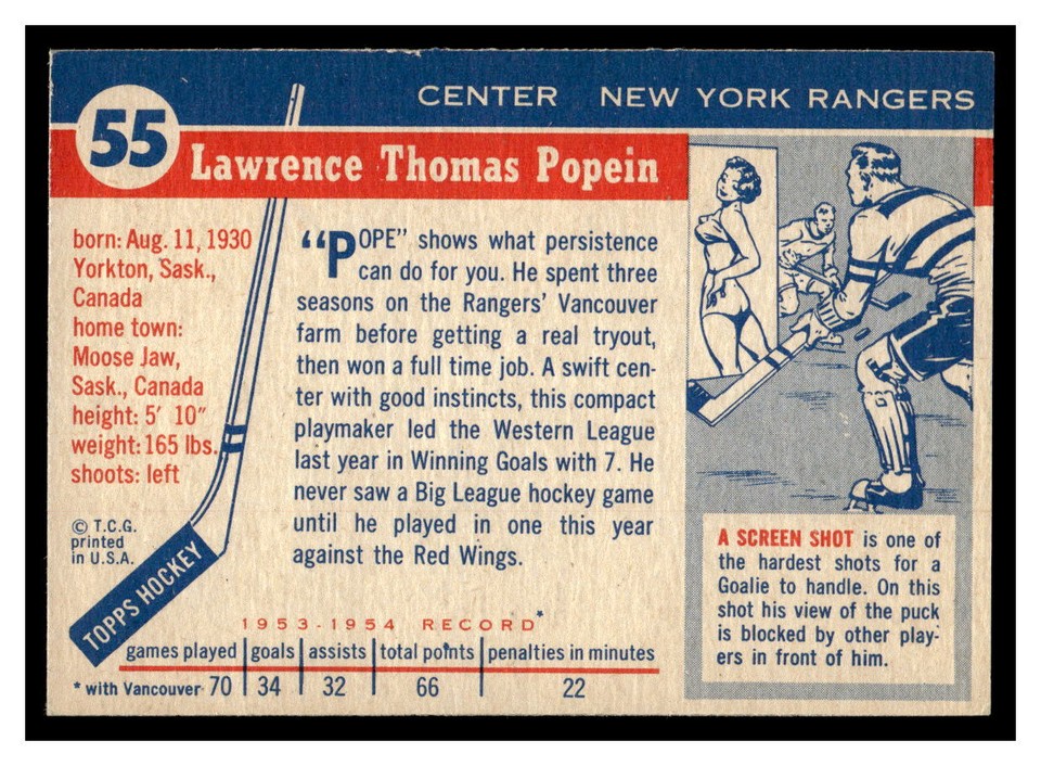 1954-55 Topps HOCKEY #55 Larry Popein Rookie HK1 | eBay