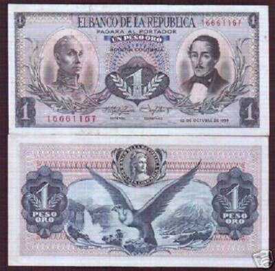 Colombia 1 PESO P-404 1959 Eagle Liberty UNC Colombian World Currency ...