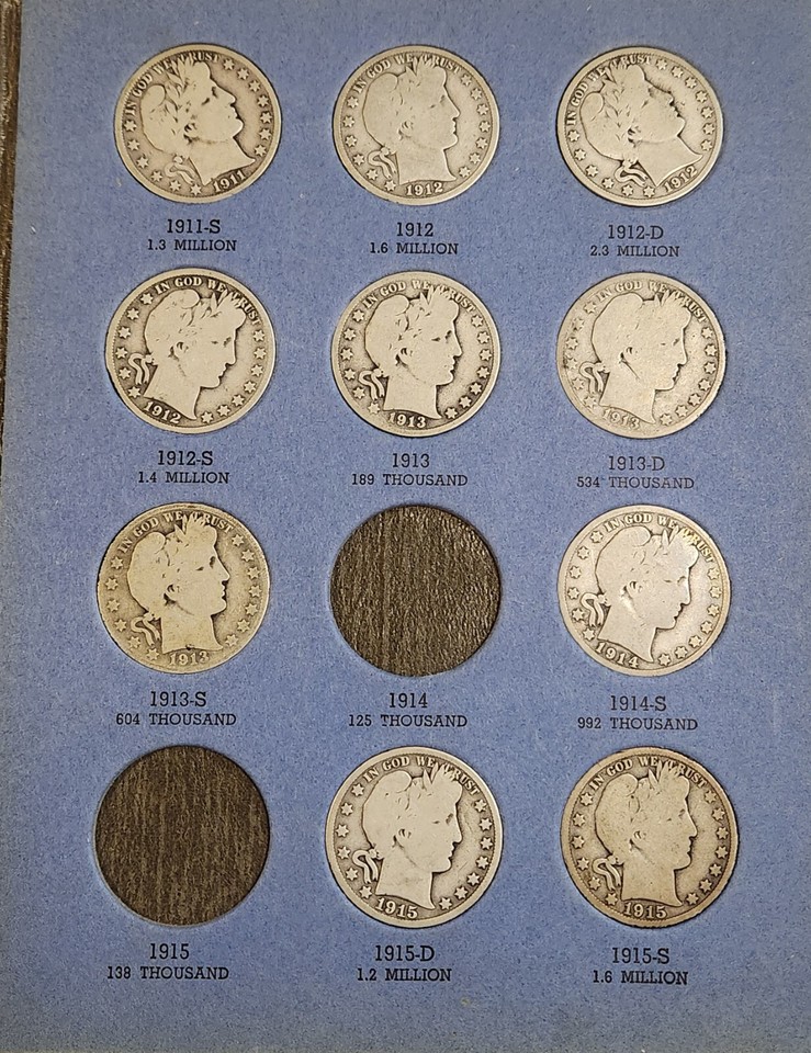 Nearly Complete (33) Coin 1904 - 1915 P,D,S Barber Silver Half Dollar ...