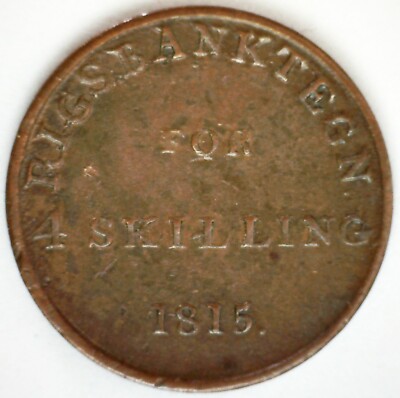 1815 Denmark 4 Skilling Token Coinage Extra Fine Rigs Bank Tegn Crowned ...