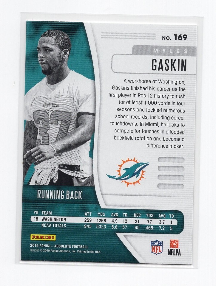 Football Card - 2019 Myles Gaskin 169 - Miami Dolphins Panini Absolute ...