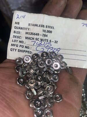 Lot of 100 MS35649-264 Stainless Steel Nuts 6-32 Thread 5/16" Hex 7/64 ...
