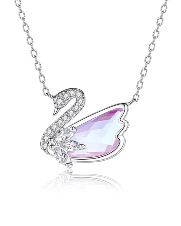 Silver White Swan Pave Cubic Zirconia Colored Crystal Pendant Chain ...