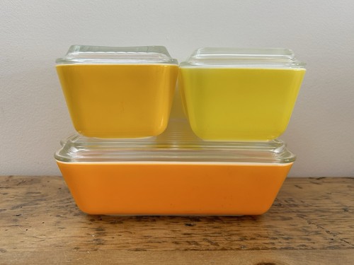 VINTAGE PYREX CITRUS DAISY 8 PC COMPLETE SET REFRIGERATOR DISHES WITH ...