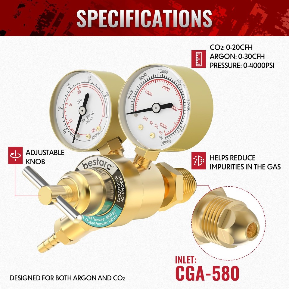 Argon CO2 Regulator Gauges Gas Welding with 9.8FT Gas Hose, CGA580 ...