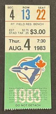 Dave Winfield Canadian Seagull Incident 8-4-1983 Ticket Stub Yankees ...