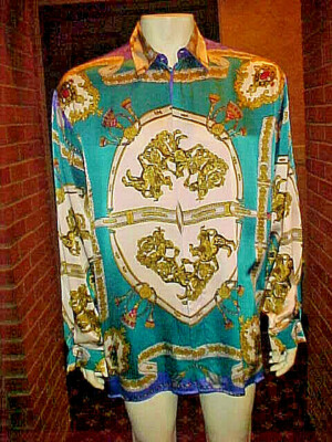 VINTAGE MENS GENELLI MULTICOLOR TURQUOISE PURPLE GREEK STYLE SILK SHIRT ...