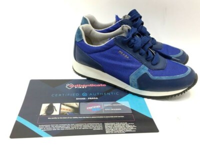 Prada Milano Women's Reflective Blue Logo Leather Fashion Sneakers Shoes 37.5 | eBay