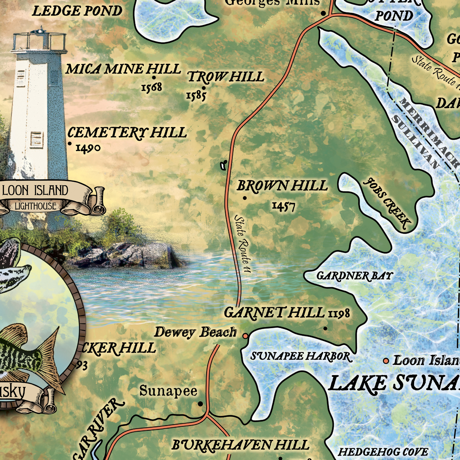 Lake Sunapee New Hampshire Map Art Print Poster Vintage Wall Home Decor ...