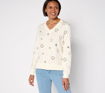 Anybody Women's Top Sz L Cozy Knit French Terry Heart Printed White ...