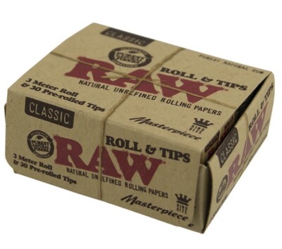 RAW MASTERPIECE KING SIZE ROLL + TIPS 3 METER ROLL AND 30 PRE-ROLLED ...