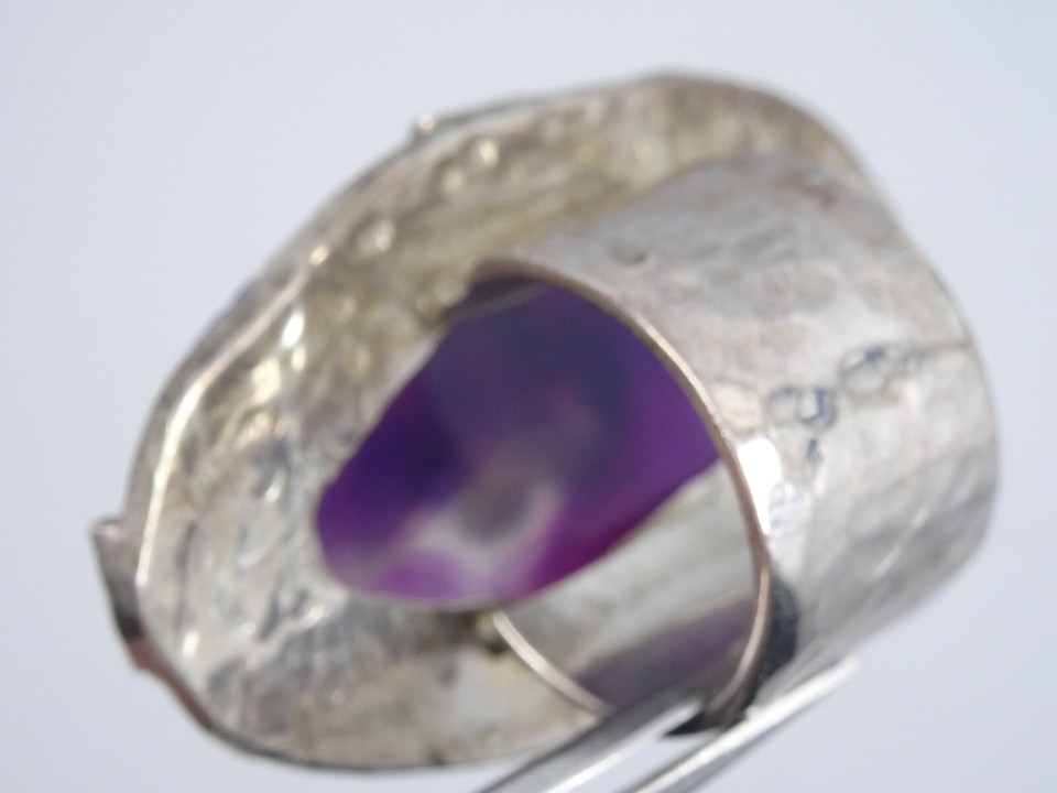 RARE PURPLE AGATE GEODE with SNAKE HAMMERED STERLING SILVER RING sz 9 ...