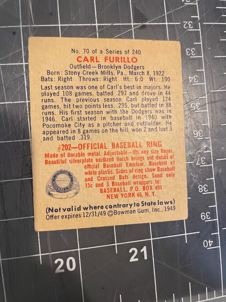 1949 BOWMAN #70 CARL FURILLO BROOKLYN DODGERS BASEBALL CARD FAIR/GOOD ...
