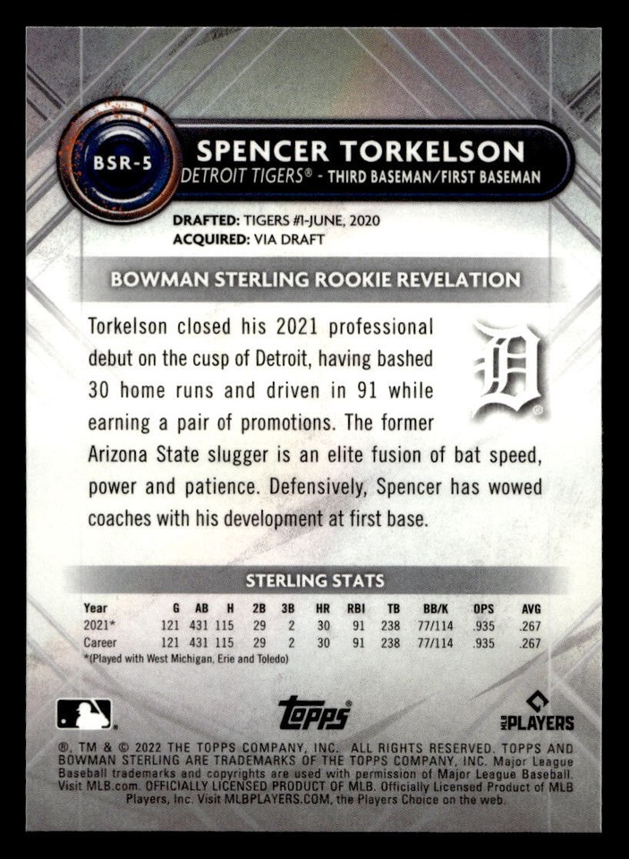 2022 Bowman Sterling Spencer Torkelson #BSR-5 Rookie RC Detroit Tigers ...
