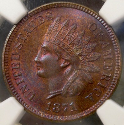 1871 INDIAN HEAD CENT/PENNY GORGEOUS CRIMSON PURPLE TONE CHOICE GEM NGC ...
