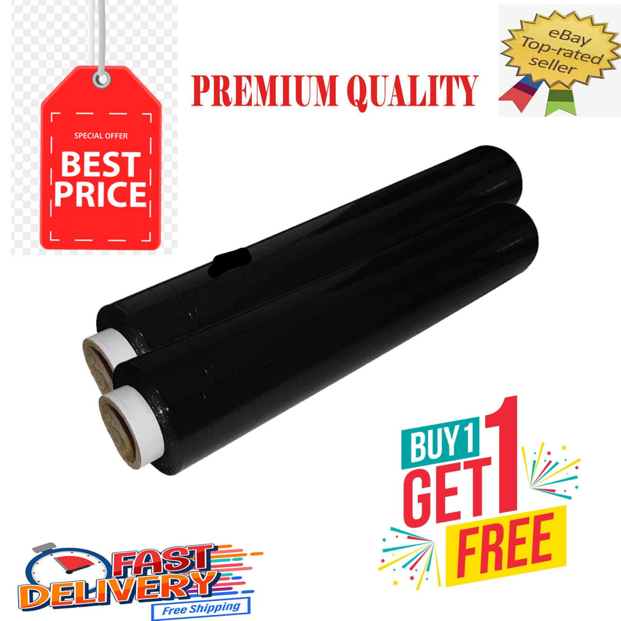 2 X STRONG ROLLS BLACK PALLET STRETCH SHRINK WRAP PARCEL PACKING CLING ...