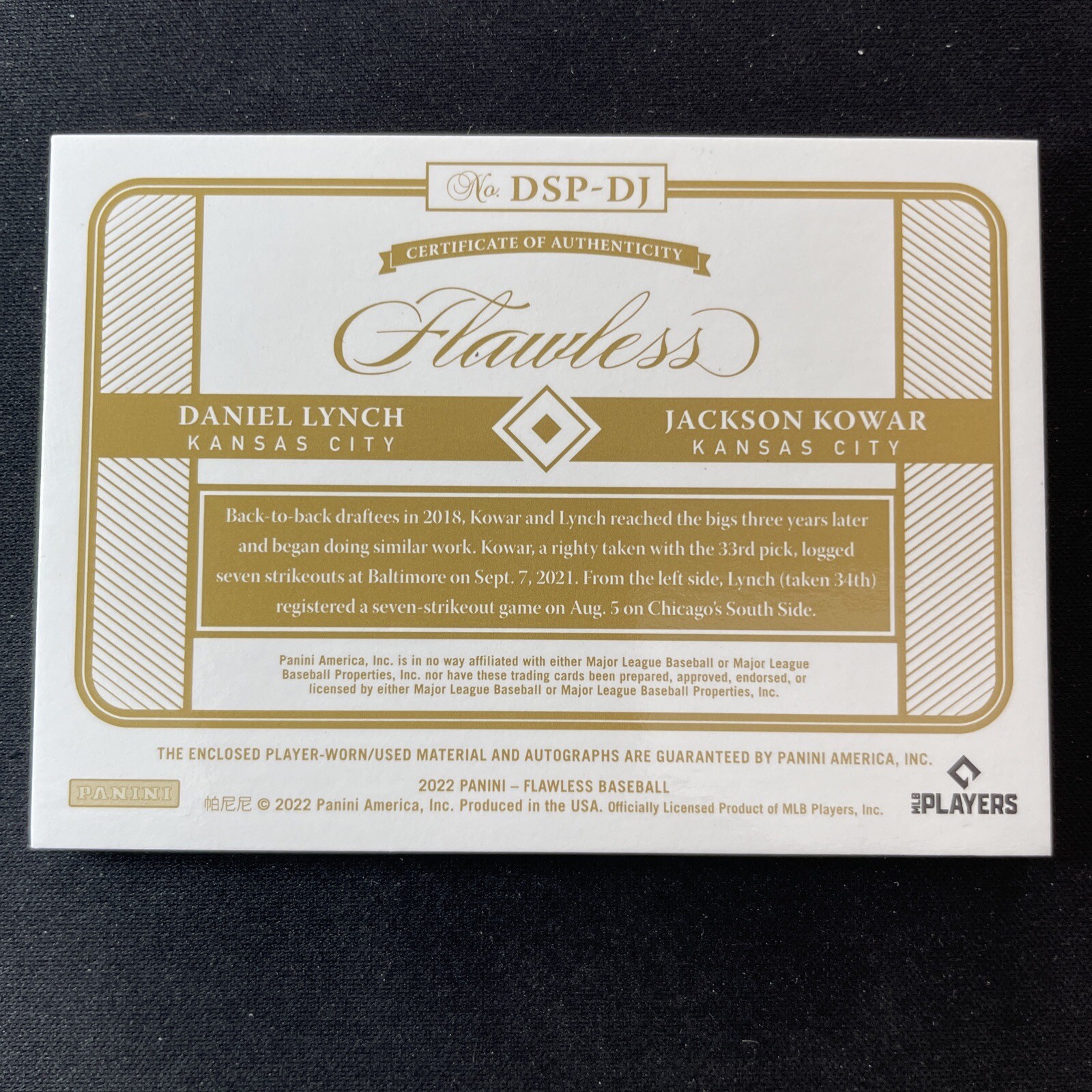 2022 Panini Flawless - Dual Signature Patches Sapphire #DSP-DJ Daniel Lynch, Jackson Kowar /15 ...