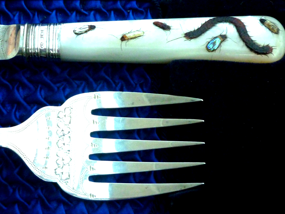 Cased Solid Silver Fish Servers,With MOP Handles & Shibayama Insects ...