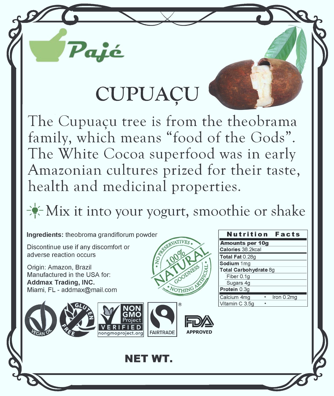 CUPUACU freeze dried fruit powder 8oz 16oz 1lb 32oz 2lb 4lb 10lb Paje ...