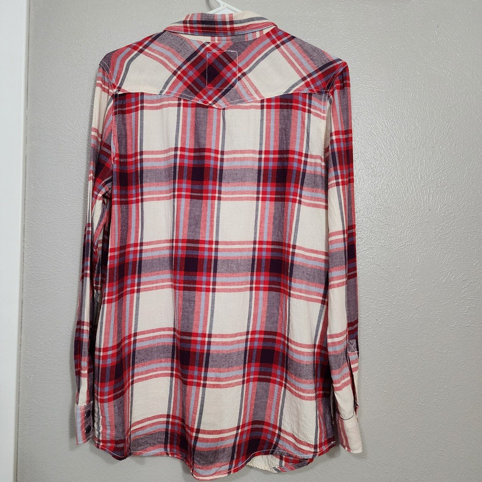 Mudd Women's Plaid Top Size XL Long Sleeve Red White Pocket Shimmer | eBay
