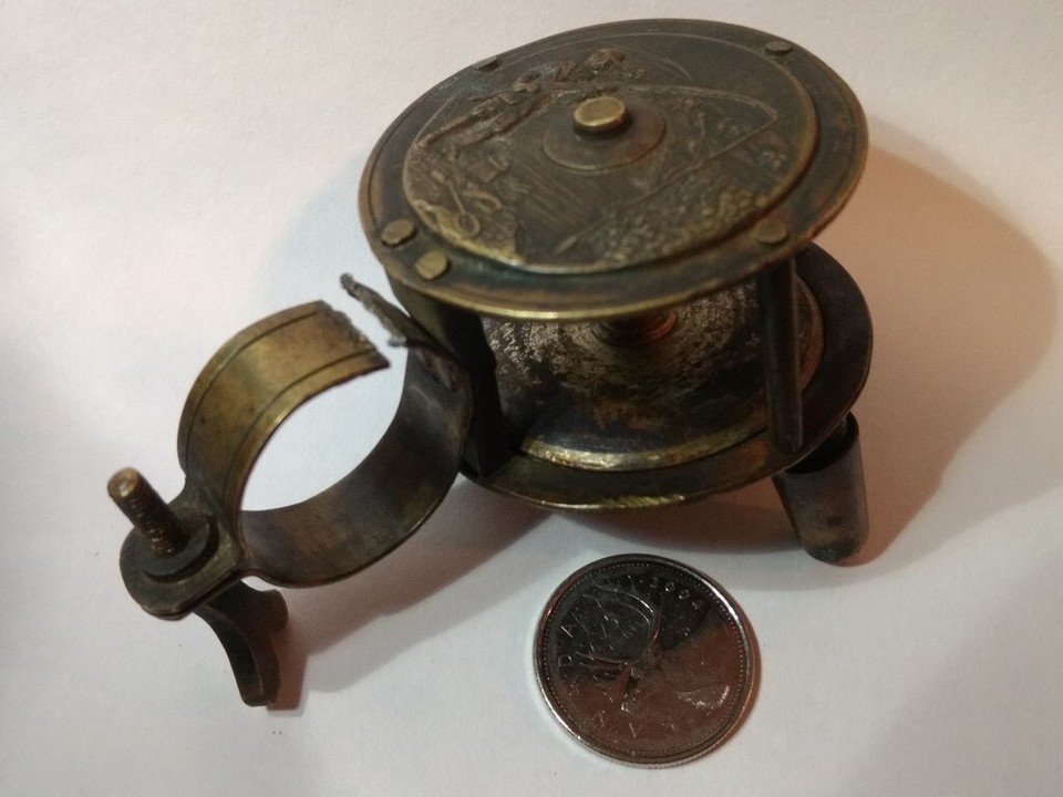 Antique Brass Bronze Rare Fishing Reel Embossed Scene Victorian Figure ...