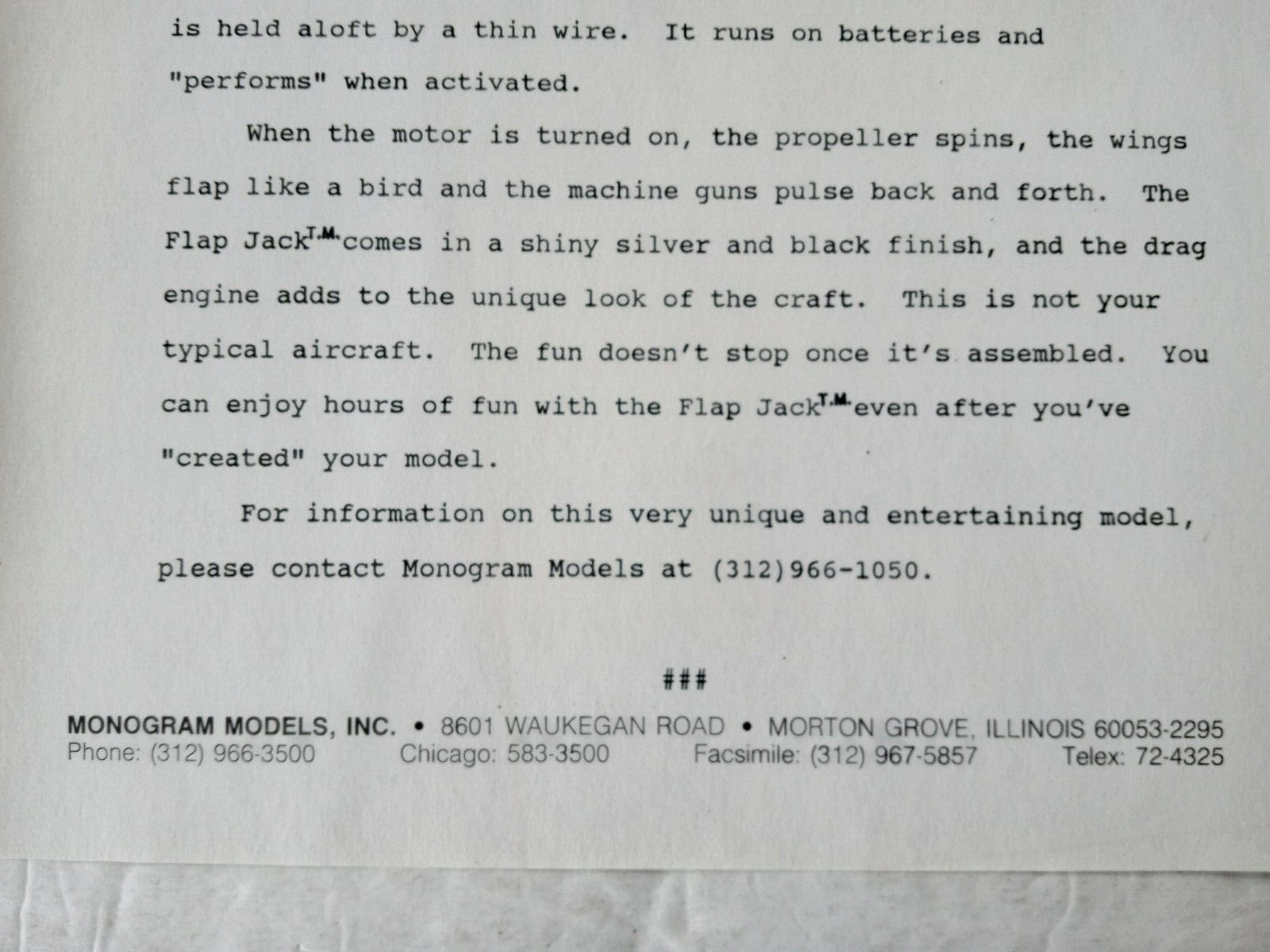 1989 Monogram Toy Fair PRESS RELEASE New Motorized Flap Jack Airplane ...