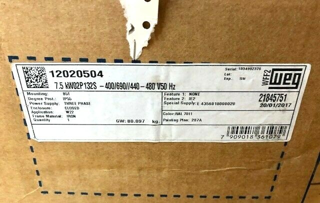 232251 WEG TE1BF0X0 AC Motor 15HP 440/460V 3500RPM 3PH 19.8A 60Hz for ...
