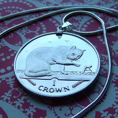 Rare 1999 Isle of Man British Blue Cat Coin on a 24" White Gold Filled ...