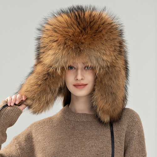 Women Russian Ushanka Full Cover Raccoon Fur Trapper Hats Warm Ski ...