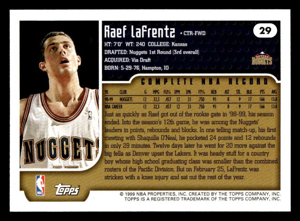 1999-00 Topps #29 Raef LaFrentz | eBay