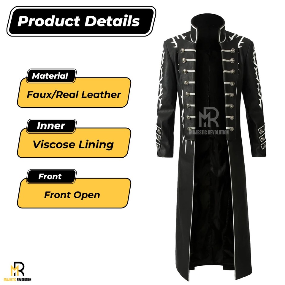 DMC5 Vergil's Black Halloween Mens Coslpay Costume Real Leather Long ...