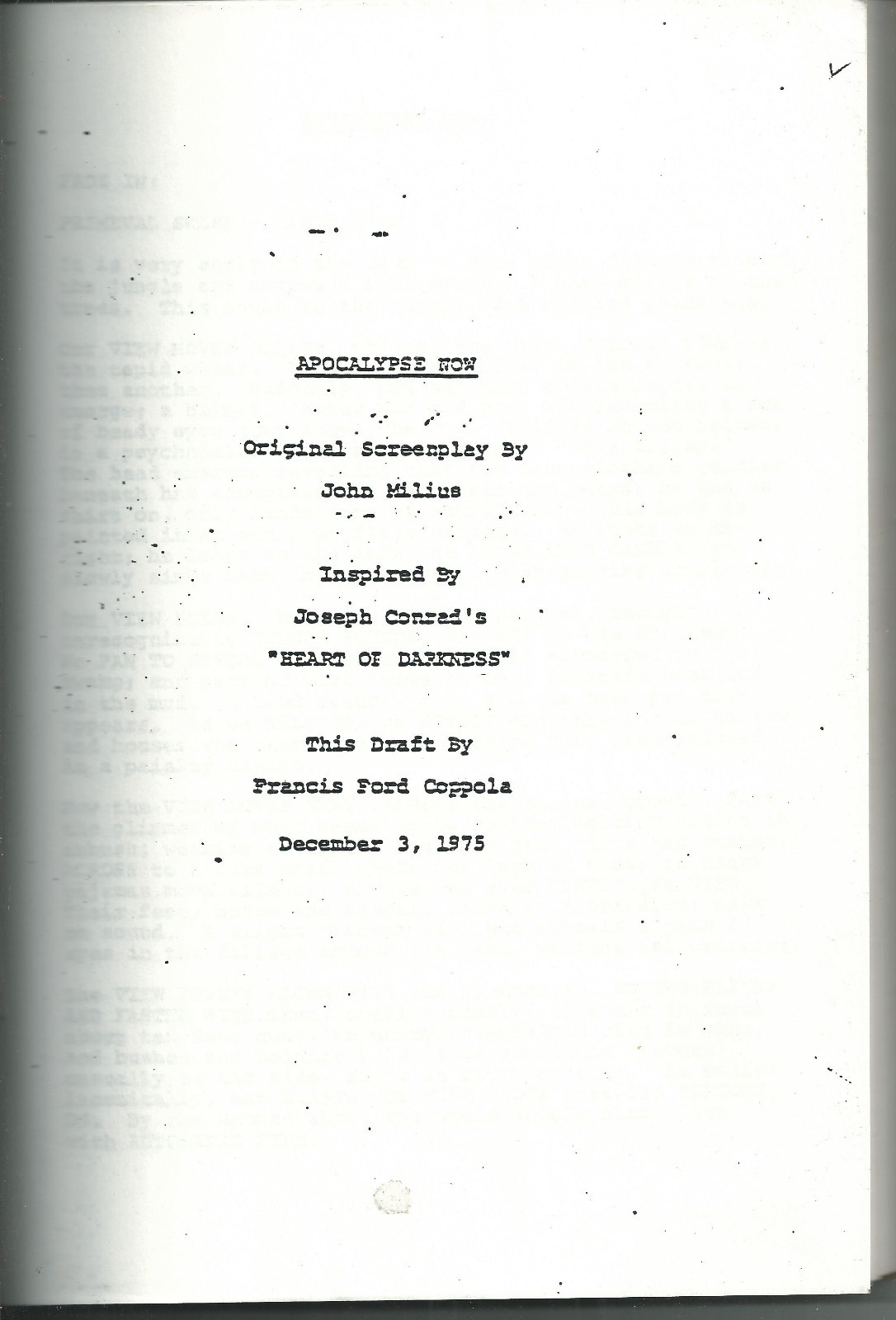 APOCALYPSE NOW ORIGINAL SCRIPT, DRAFT by FRANCIS FORD COPPOLA - 12/3/75 ...