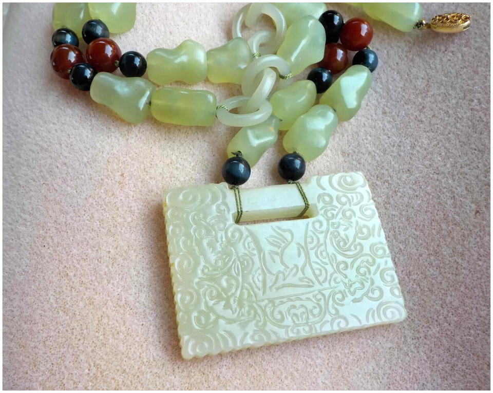 Chinese Jade Pendant, Devil's Work Jade, Carnelian, Blue Tiger's Eye ...