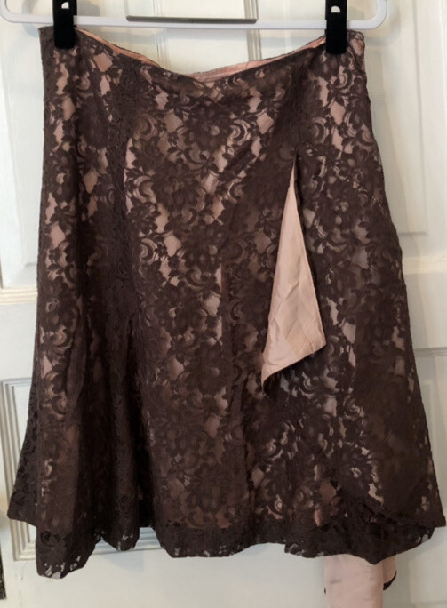 Anthro Odille Vintage Brown Lace Overlay On A Pink Sk… - Gem