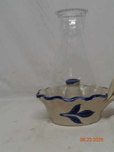 Second-Hand pottery oil lamp. Small, Blue leaf design | eBay