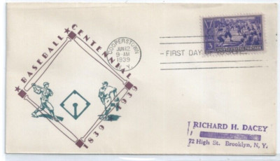 US FDC 855 BASEBALL CENTENNIAL 1939 Cooperstown DACEY First Day Cover ...