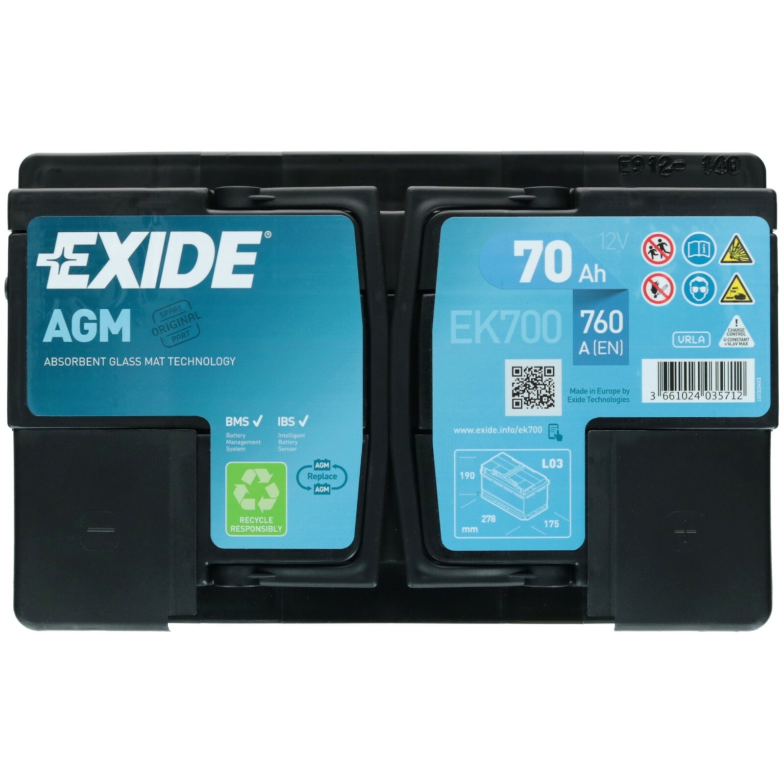 Exide EK700 AGM Start Stopp Autobatterie Starterbatterie 12V 70Ah 760A EN