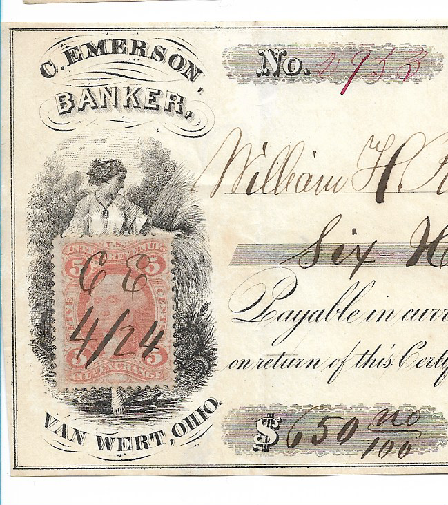Civil War Era Bank Check 1863 C. Emerson Banker w/US Inter. Rev. 5C ...
