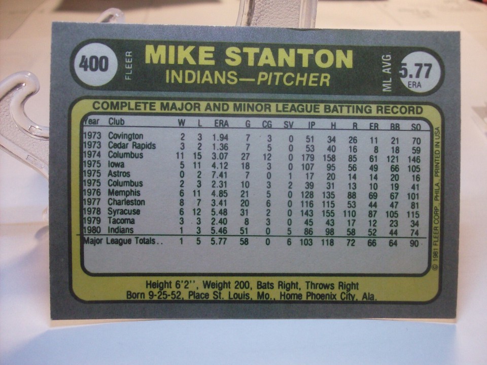 1981 Fleer Baseball #400 - Mike Stanton RC - Cleveland Indians (99158 ...